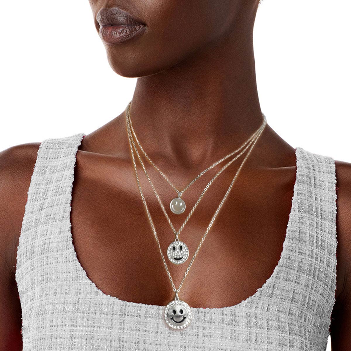 Silver 3 Layer Bling Smiley Face Necklace – The GameChanger's Boutique